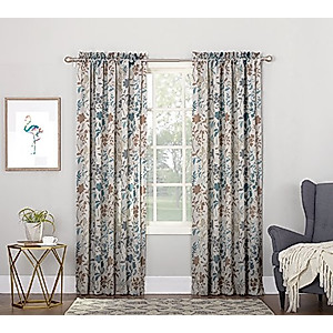 Sun Zero Kara Floral Print Energy Efficient Rod Pocket Single Curtain Panel, 54" x 84", Stone