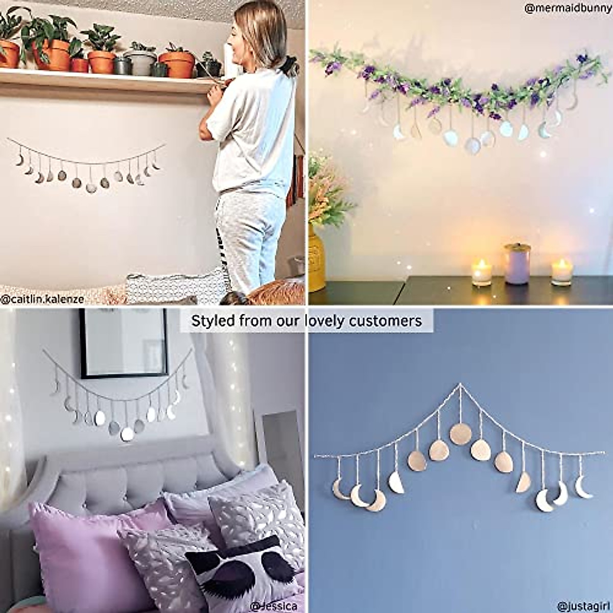 Moon Phase Wall Hanging, Handmade Hammered Silver Metal 13 Moons 36" Garland, Phases of the Moon Decorations, Celestial Lunar Art, Silver Garland Boho Decor for Bedroom Home Dorm Living Room Girl Gift