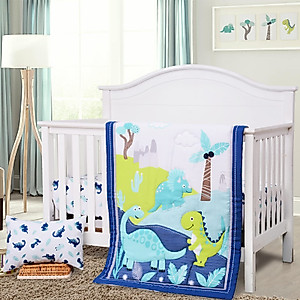 JISEN 3 Piece Crib Bedding Set Crib Quilt Crib Sheet Pillowcase - Soft Microfiber Printed Dinosaur Nursery Set for Baby Boys or Girls