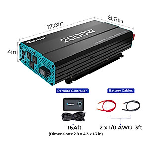 Renogy 2000W Pure Sine Wave Inverter 12V DC to 120V AC Converter for Home, RV, Truck, Off-Grid Solar Power Inverter 12V to 110V with Built-in 5V/2.1A USB / Hardwire Port, Remote Controller