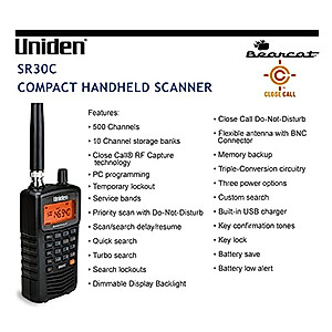 Uniden Bearcat SR30C, 500-Channel Compact Handheld Scanner, Close Call RF Capture, Turbo Search, PC programable, NASCAR, Racing, Aviation, Marine, Railroad, and Non-Digital Police, Fire, Public Safety