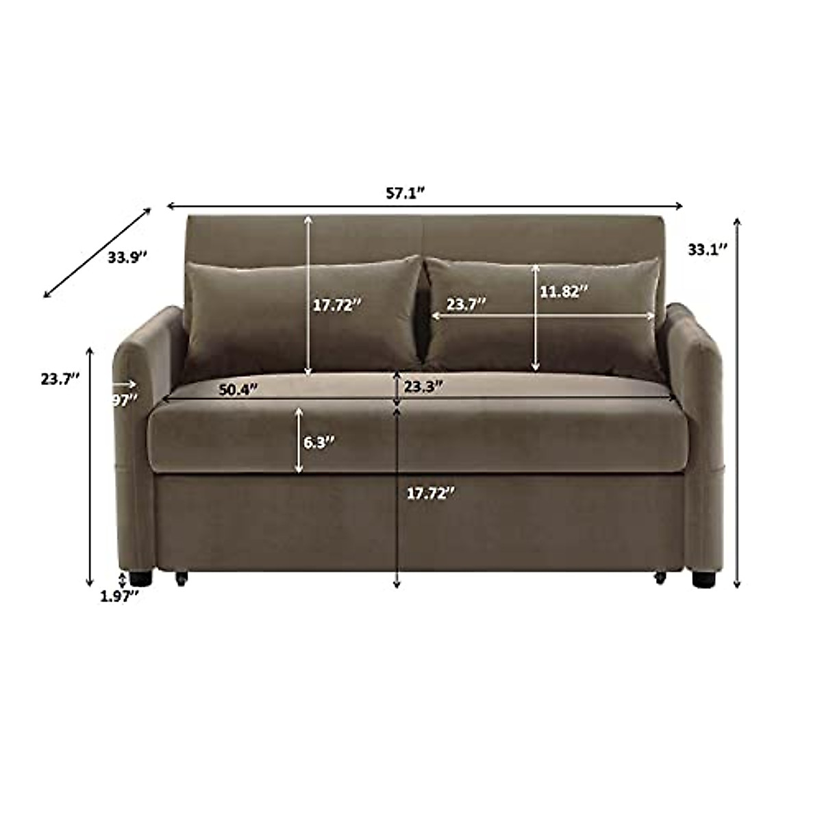 Melpomene 57" W Pull Out Sofa Bed, Convertible Sectional Futon Sofa Couch, Compact Soft Velvet Sofa Bed with 2 Lumbar Pillows and Side Pocket, for Living Room Apartment.(Light Brown)