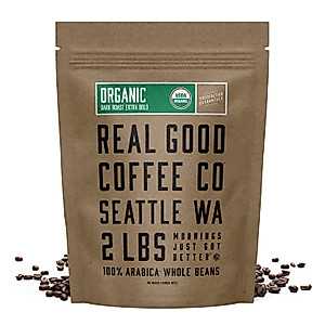 Real Good Coffee Company - Whole Bean Coffee - Organic Dark Roast Coffee Beans - 2 Pound Bag - 100% Whole Arabica Beans - Grind at Home, Brew How You Like
