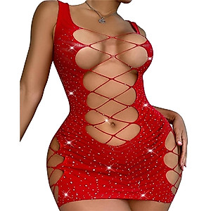 SEXYTINE Sexy Fishnet Lingerie Set for Women Sparkle Rhinestone Halter Neck Deep V Mini Dress Mesh Bodysuit (Red)