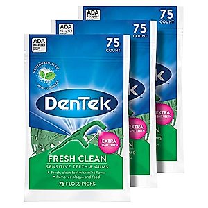 DenTek Fresh Clean Floss Picks, For Extra Tight Teeth, 75 Count, 3 Pack