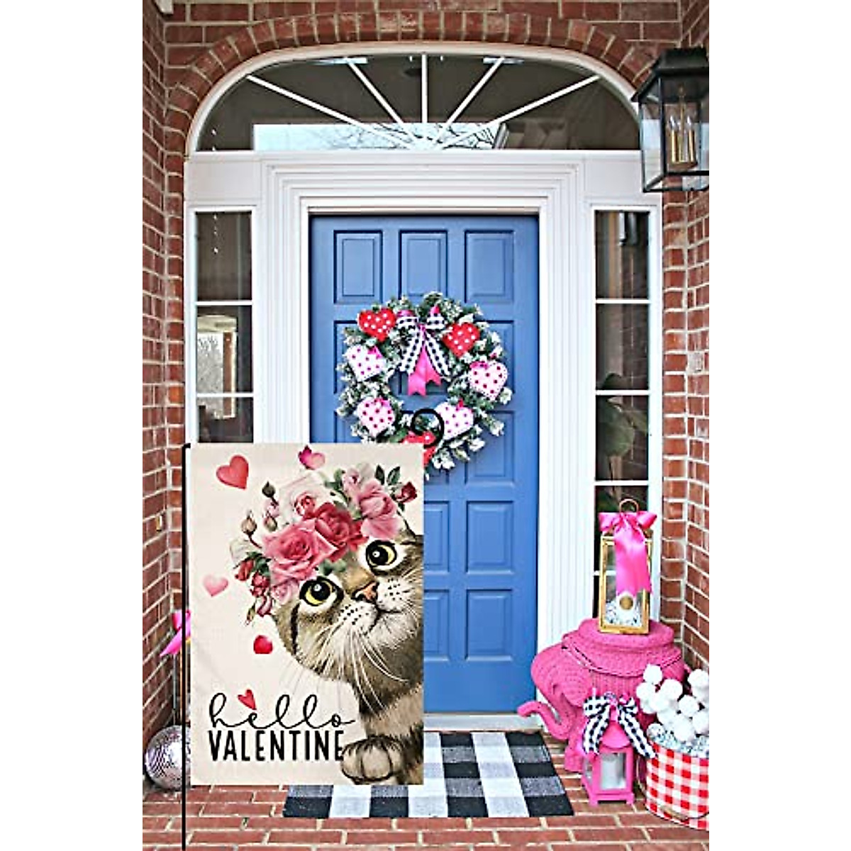 Valentines Cat Garden Flag 12x18 Vertical Double Sided Red Pink Rose Love Heart Spring Farmhouse Holiday Outside Decorations Burlap Yard Flag BW237