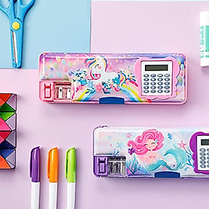 2 Pieces Multifunctional Pencil Box for Girls Unicorn Multifunction Pencil Case Plastic Mermaid Pencil Case with Calculator and Pencil Sharpener Pencil Pouch School Gifts for Kids Teens Supplies