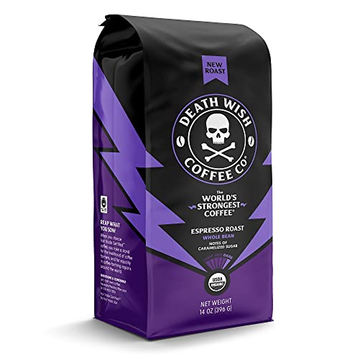 DEATH WISH COFFEE Whole Bean Espresso Roast - Extra Kick of Caffeine - Organic, Fair Trade, Strong Coffee Grounds from Arabica, Robusta Beans (1-Pack)