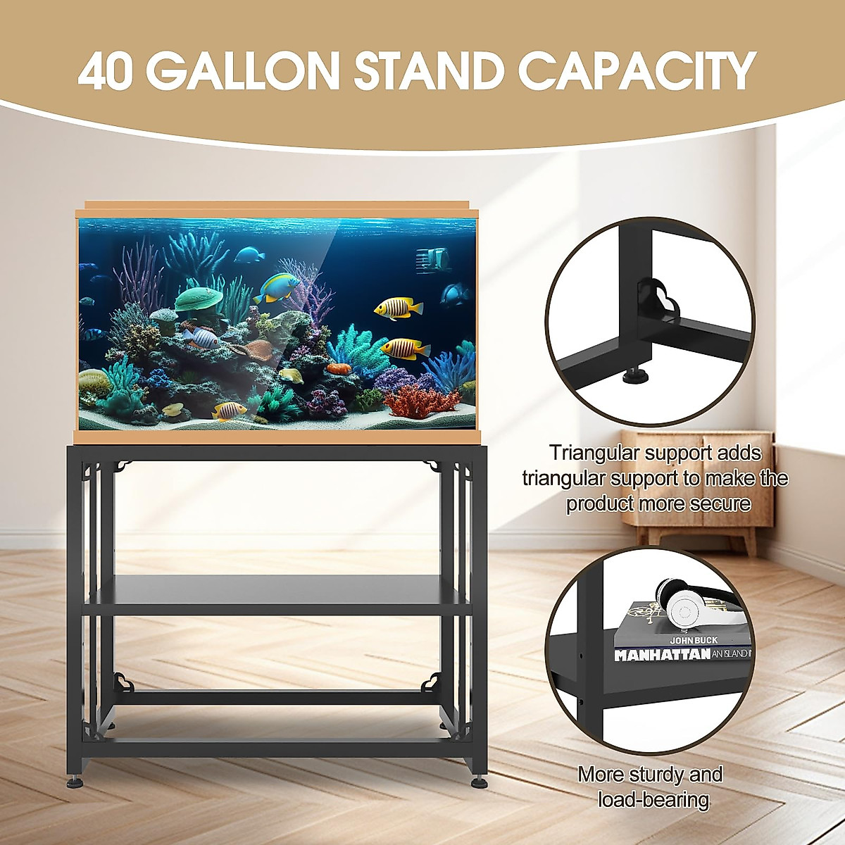 Grehitk Fish Tank Stand, 40 Gallon Aquarium Stand, Metal Aquarium Turtle Tank, Adjustable 2-tier Fish Tank Rack Shelf, Reptile Tank Terrariums Tank Breeder Reptile Tank Stand, Tank not Included