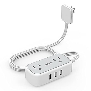 Flat Plug Extension Cord with 3 USB Ports, TESSAN Ultra Thin Power Strip with 2 AC Outlets Cruise Ship Essentials, Small 5 ft Low Profile Outlet Concealer for Travel Office School Dorm Room Essentials