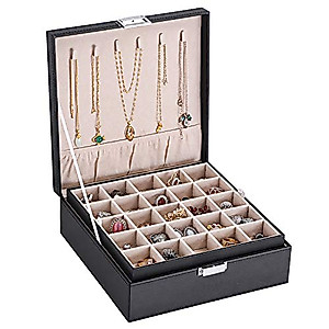 BEWISHOME Earring Organizer Holder for Cufflinks, Rings, Pendants, Chain - 50 Slots Case, 6 Necklace Hook, 2 Stackable Trays - Elegant Jewelry Storage Box for Girls Women, Black Faux Leather SSH11B