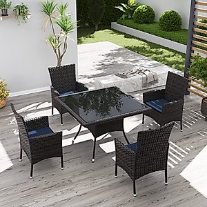 Rwnnad 5-Piece Patio Outdoor Dining Set, Patio Wicker Furniture Dining Sets of 4 Rattan Chairs with Soft Cushions and Square Table with Umbrella Cutout, Navy Blue