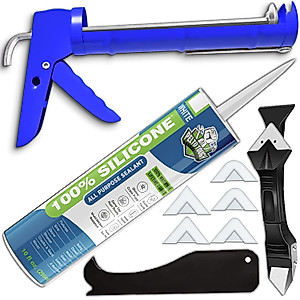 White Silicone Sealant + Caulk Gun + Caulking Tool Kit - All-Purpose 100% Silicone Caulk (10 oz Tube), with Dripless Gun, 3-in-1 Scraper/Smoothing Tool, Multi-Use Handheld Finishing and Scraping Tool