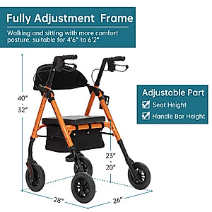 ELENKER All-Terrain Rollator Walker with 8” Non-Pneumatic Wheels, Sponge Padded Seat and Backrest, Fully Adjustment Frame for Seniors, Orange