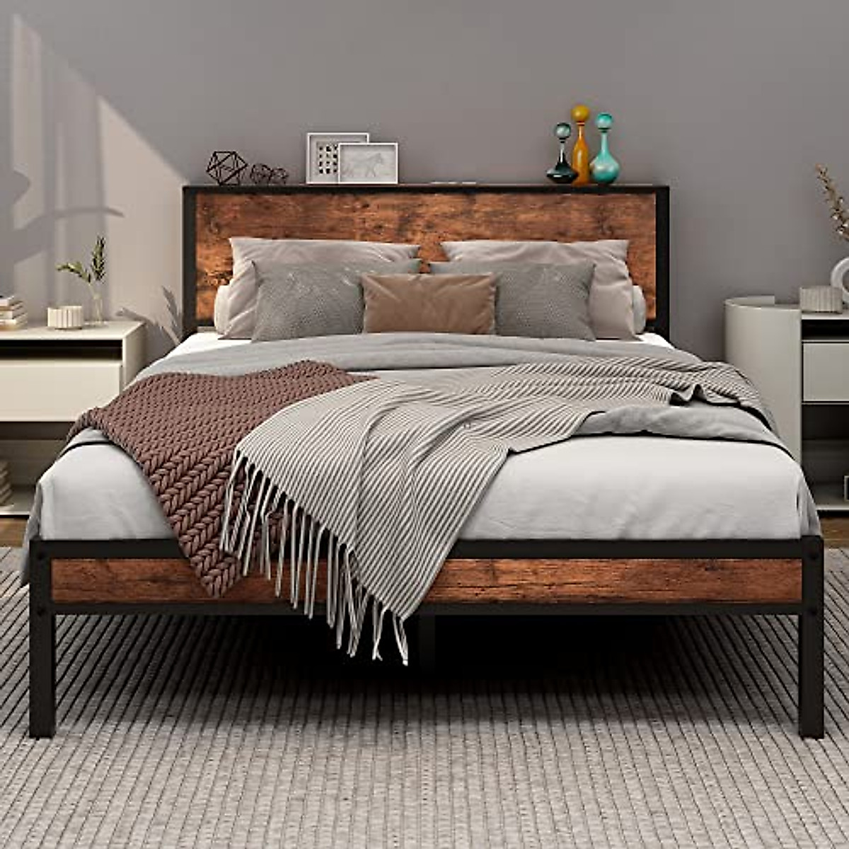 DUMEE Full Size Bed Frame with Wood Storage Headboard, Metal Platform Bed Frames Full, No Box Spring Needed, Noise Free, Reinforced Strong Support Leg, Textured Black&Brown Oak