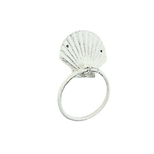 Rustic Whitewashed Cast Iron Seashell Towel Holder 8.5" - Seashell Home Decor -