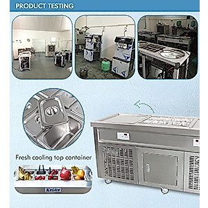 Kolice ETL commercial double square pans fried ice cream machine, frozen yogurt cubes making machine, roll ice cream machine with 10 pcs of refrigerated buckets, 21x21 inches big pan. Auto defrost