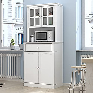 ECACAD Kitchen Pantry with 4 Doors, Drawer & Adjustable Shelves, Wood Storage Cabinet with Acrylic Doors, Freestanding Kitchen Cupboard Floor Cabinet for Living Room, White (29.9”W x 16.9”D x 72.3”H)