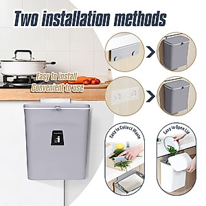 Domiella 2.4 Gal Hanging Trash Can with Lid,Cabinet Kitchen Compost Bin Counter Top Under Sink,Mountable Indoor Compost Bucket for Cupboard Bathroom (Gray)