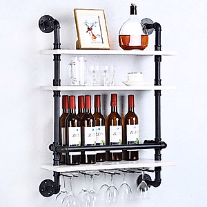 Industrial Pipe Shelf Wine Rack Wall Mounted with 5 Stem Glass Holder,3-Tiers Rustic Floating Bar Shelves Wine Shelf,24in Real Wood Shelves Wall Shelf Unit,Steam Punk Pipe Shelving Wine Glass Rack