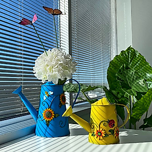 Westcharm Decorative 2.5 Liter Large Blue Sunflower & Bee Metal Watering Can (10 Cups | 80 OZ) | Home Garden Décor Housewarming Gift for Mother Women Friends Gardeners Plants Lovers