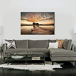 Hardy Gallery Lake Bridge Canvas Picture Artwork: Wooden Bridge Painting Sunset Landscape Wall Art Print for Living Room (45” x 30” x 1 Panel)