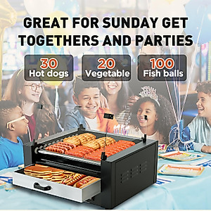 30 Hotdog Roller Machine with Bun Warmer,1700w Stainless 11 Hot Dog Roller,Commercial Grade,Hot Dog Sausage Grill Cooker Perfect for Parties and Home