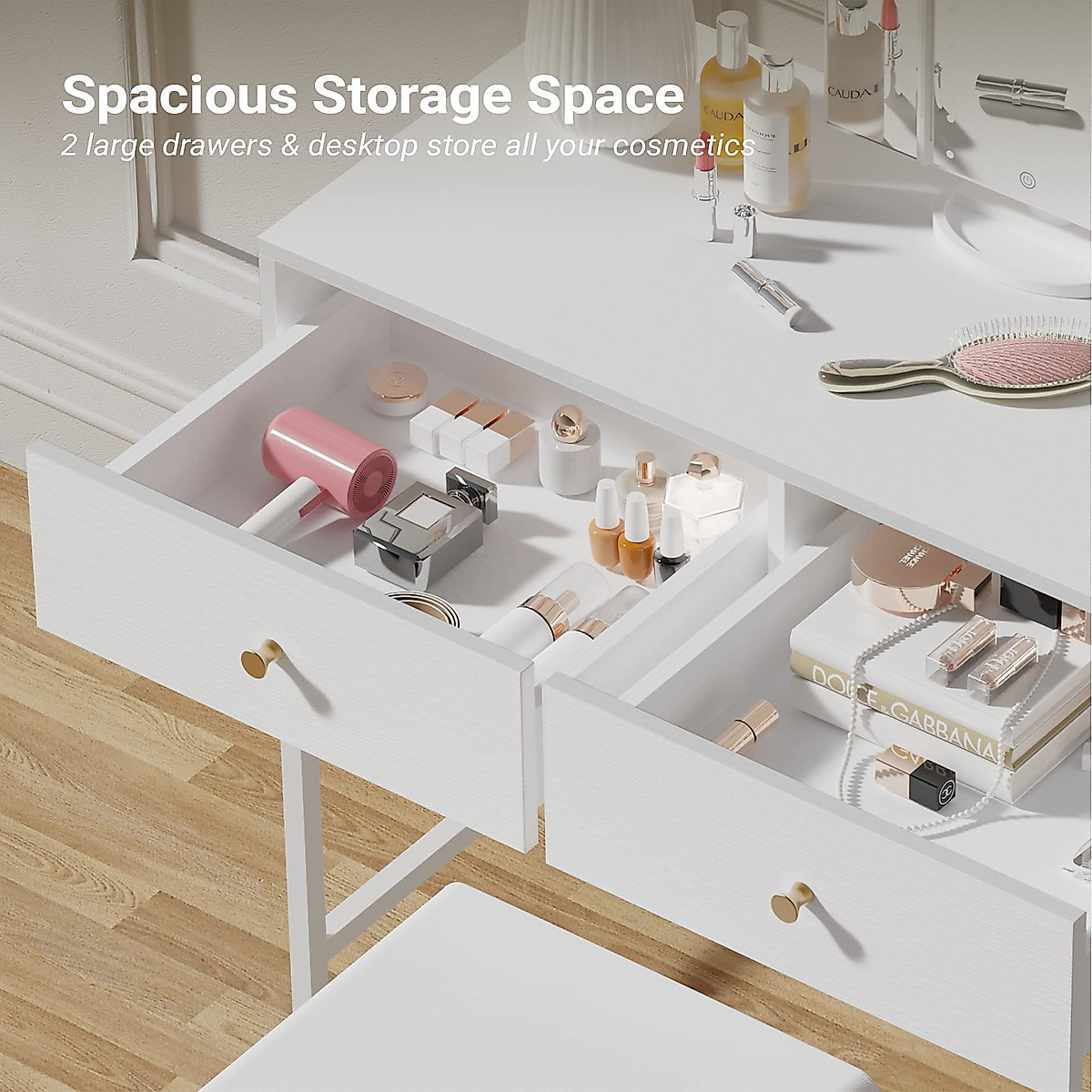 SUPERJARE Vanity Desk, Makeup Vanity with Lighted Mirror, White Desk with Drawers, 35.4 Inches Makeup Vanity Desk with Lights, for Bedroom, White