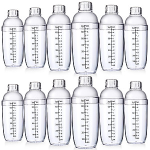 Lallisa 12 Pcs Plastic Cocktail Shaker Drink Mixer with Scales and Strainer Top Clear Shaker Cup with Measurements Plastic Shaker Bottle Bar Mixing Tool for Tea Coffee Boba Milk (700 cc/ 24 oz)