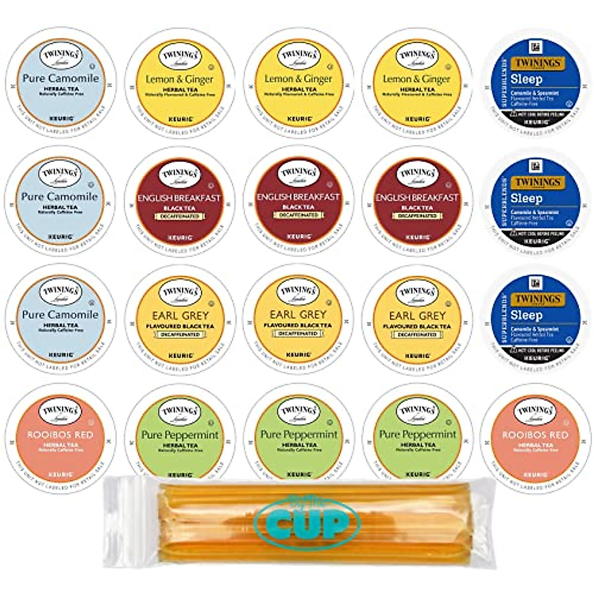 By The Cup Twinings Herbal & Decaffeinated Sampler Assorted Keurig 2.0 K-Cups with By The Cup Honey Sticks, 20 Count