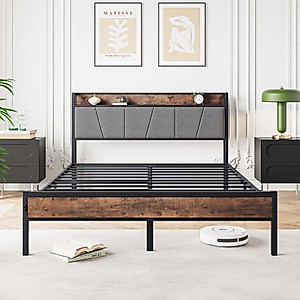 Shuoya Jewelry Queen Size Metal Platform Bed Frame with Storage and Charging Station Headboard, Heavy Duty Steel Slated Support, No Box Spring Needed, Noise-Free, Easy Assembly, Rustic Brown (Queen)