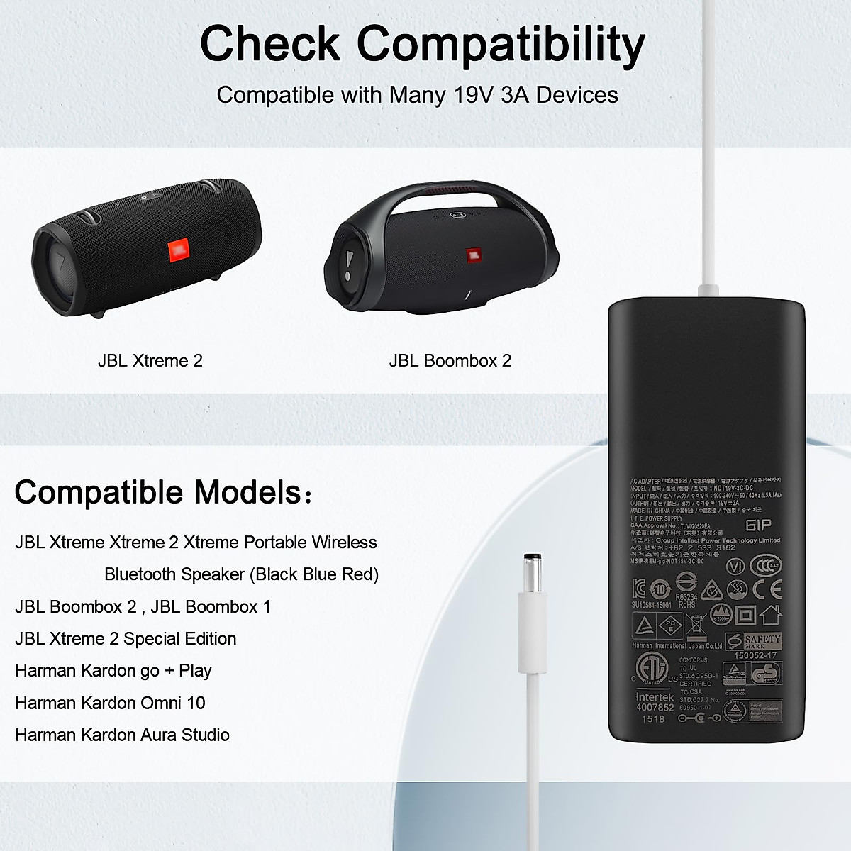 19V 3A Xtreme 2 Charger for JBL Xtreme 2 JBL Xtreme Boombox Harman Kardon go + Play Omni 10 Aura Studio Portable spearker ADS-60JIA-19-2 1957E NSA65ED-190300 DT19V-3C-DC JBL Xtreme 2 cargador