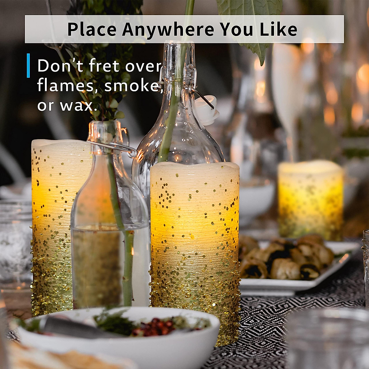 FURORA LIGHTING Gold Glitter Real Wax Candles with Remote and Timer, 4 Pillars and 4 Votives Pack of 8, LED Flameless Flickering Candles for Home Décor, Battery Included