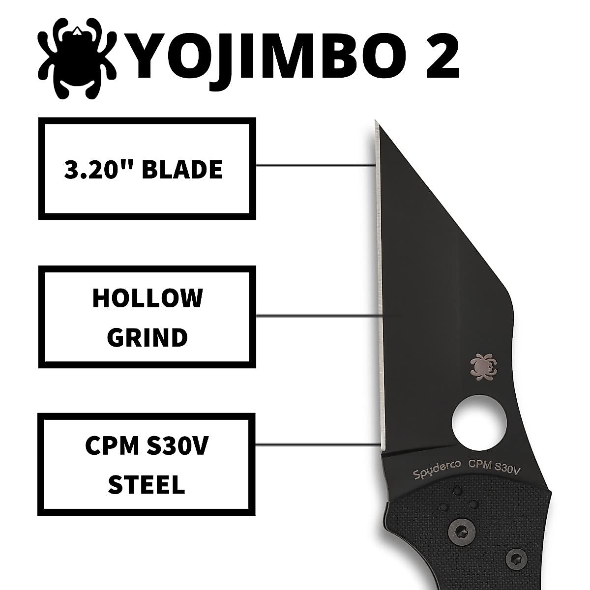 Spyderco Yojimbo 2 Specialty Tactical Knife with 3.2" CPM S30V Steel Black Wharncliffe Blade and Durable Black G-10 Handle - PlainEdge - C85GPBBK2