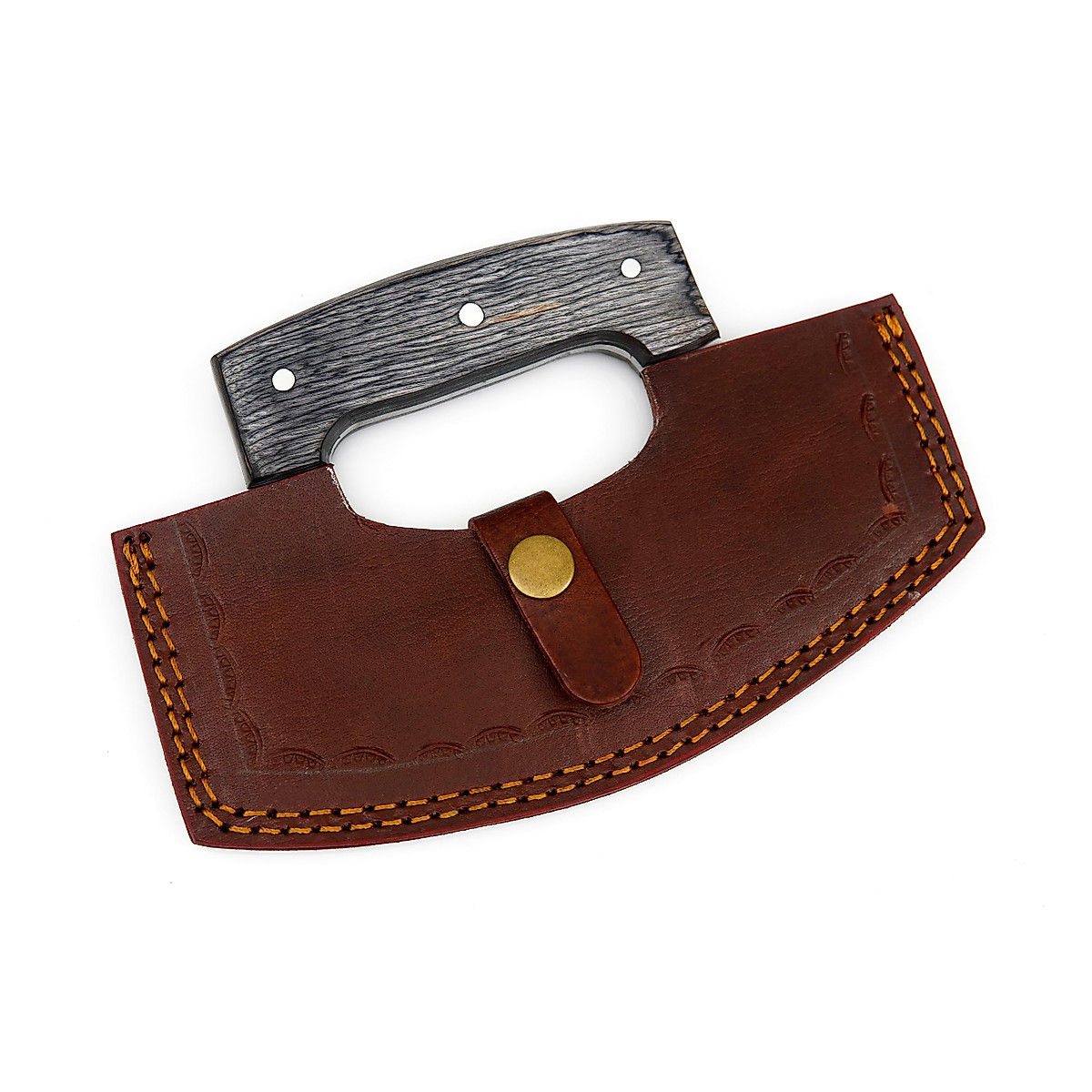 WARIVO KNIFE Handmade Ulu Knife Pizza Cutter Rocker Knife Mezzaluna Knife with sheath Rocker Boning Knife for Slicing, Chopping, Camping, Outdoor, Kitchen (Wooden Handle)