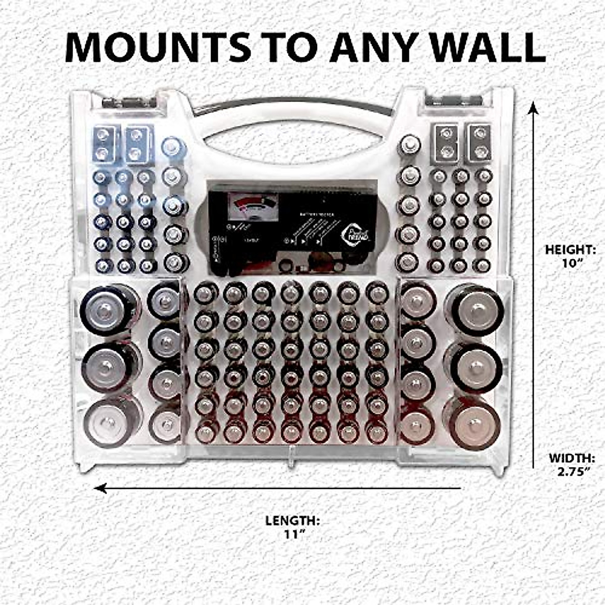 Battery Pro Organizer and Battery Tester, Wall-Mount Battery Storage Case, Holds 100 Assorted AA, AAA, C, 9-Volt, CR123, CR1632, and Button Cell Batteries, (White)