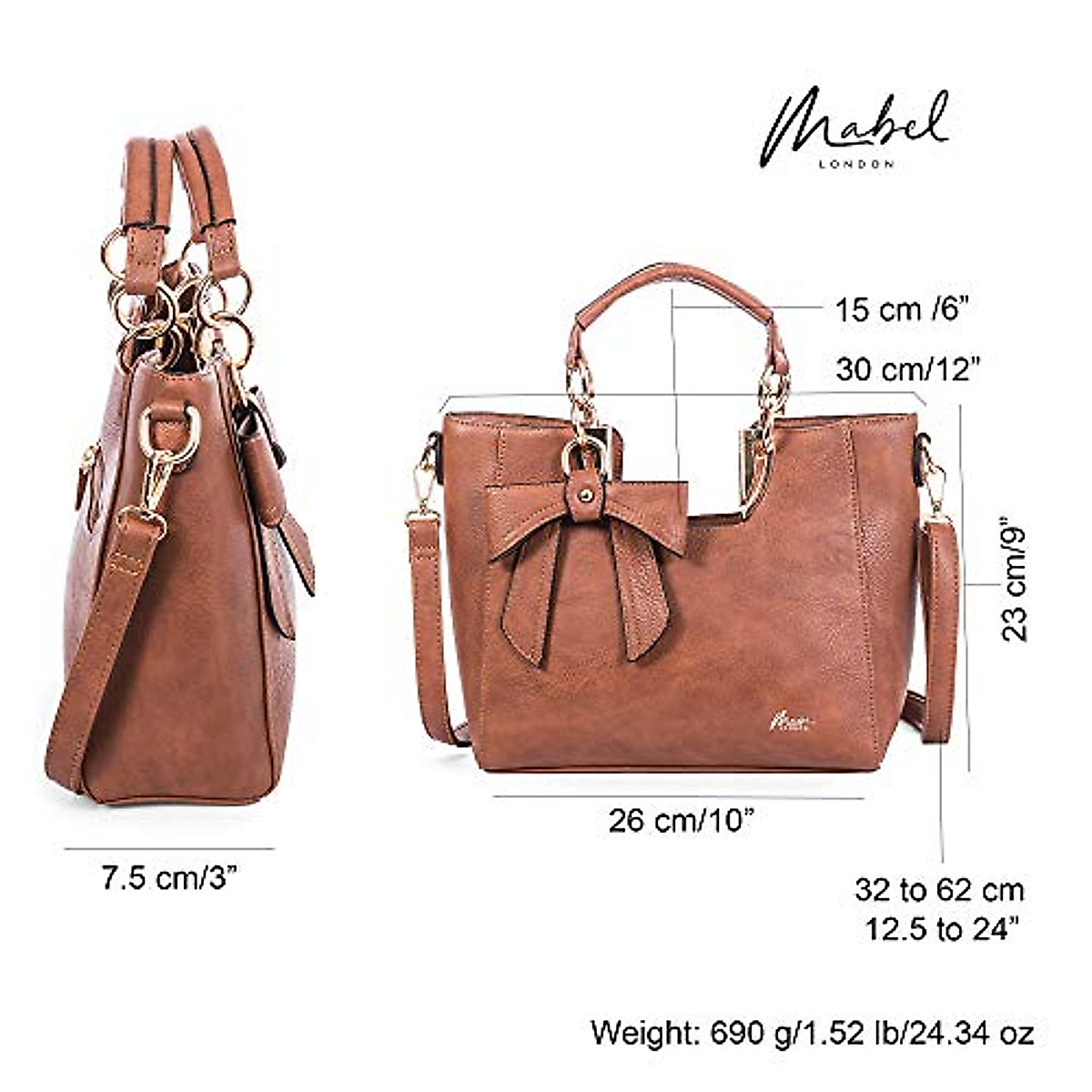 Womens Bow Shoulder Satchel Handbag - Top Handle Plain Bag - Medium Size Purse with a Long Adjustable Shouder Strap - Hannah (Grey)