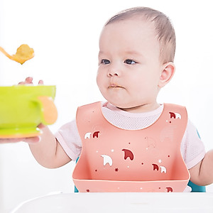 GAJIGAJI Waterproof Silicone Baby Bibs Set of 2, Easy Clean Quick Drying Soft and Comfortable Feeding Bucket Bib, Keep Stain off (Astronaut&Gold Stamp)