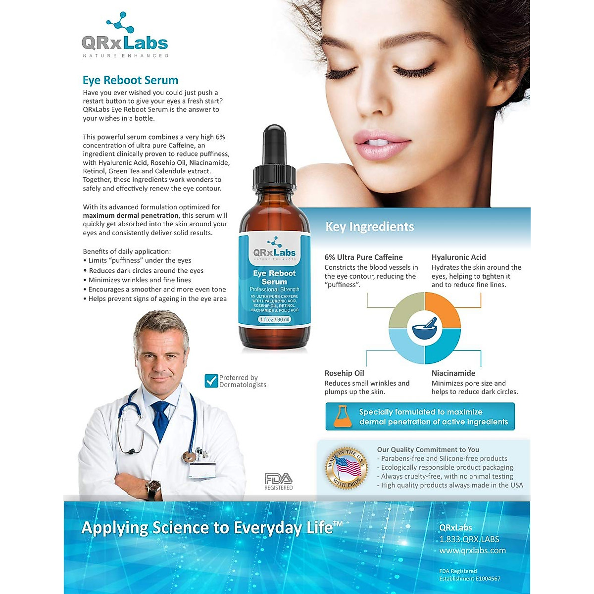 Eye Reboot Serum with 6% Caffeine, Hyaluronic Acid, Rosehip Oil, Retinol, Niacinamide & Folic Acid - Reduces Puffiness, Dark Circles, Crow Feet, Wrinkles and Fine Lines Around The Eyes - 1 oz / 30 ml