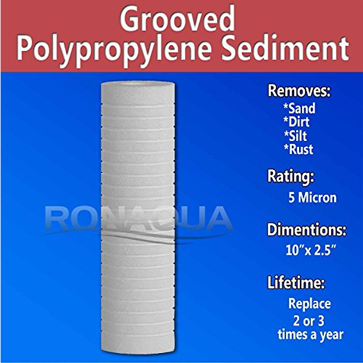 Grooved Sediment Water Filter Cartridge by Ronaqua 10"x 2.5", Four Layers of Filtration, Removes Sand, Dirt, Silt, Rust, made from Polypropylene (1 Pack, 5 Micron)