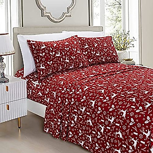 Elegant Comfort Holiday Printed 6-Piece Sheet Set, 1500 Thread Count, Breathable and Super Soft Material, Wrinkle Resistant, Fitted Sheets with Smart Pockets, 6PC King, Burgundy Reindeer