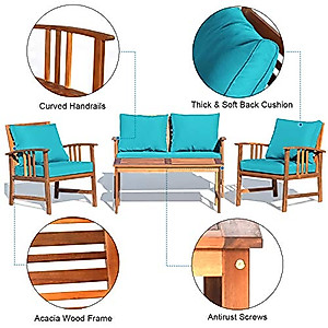 Tangkula 8 PCS Acacia Wood Patio Furniture Set, Outdoor Seating Chat Set w/Gray Cushions Back Pillow, Outdoor Conversation Set w/Coffee Table for Garden, Backyard, Poolside