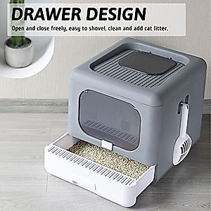 Fhiny Foldable Cat Litter Box with Lid, Enclosed Drawer Kitty Litter Pan Front and Top Entry Door Cat Potty with Plastic Scoop Anti-Splashing No Smell Easy to Scoop