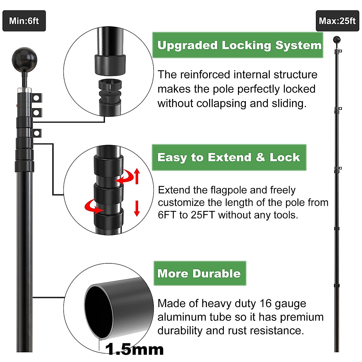FFILY Flag Pole for Outside In Ground - 25 FT Heavy Duty Telescopic Flagpole Kit for Yard - Extra Thick Outdoor Telescoping Flag Poles with 3x5 American Flag for Residential or Commercial, Black