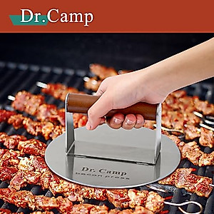 Dr.Camp 7 INCH Stainless Steel Smash,Burger Press,Burger Smasher,Hamburger Press,Patty Smasher, Meat Press, Bacon Press, Grill Press with Wood Handle (HT-B-7005)