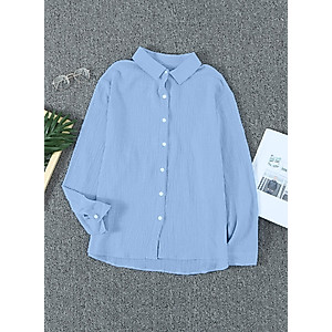 Astylish Women Fashion Clothing Long Sleeve Button Up Linen Shirts Business Casual Clothes Blue X-Large