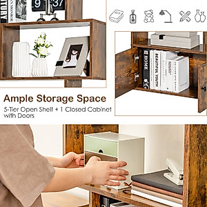 Tangkula S Shaped Bookshelf with Cabinet, 6-Tier Bookcase with Doors, Freestanding Geometric Bookshelves for Living Room, Anti-toppling Device, Home Office Wood Storage Display Shelf (1, Rustic Brown)