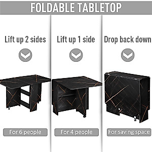 VANSPACE Folding Dining Table Drop Leaf Kitchen Table with Storage for Small Spaces Multifunction Space Saving Table Extension Dinner Table Black Marble