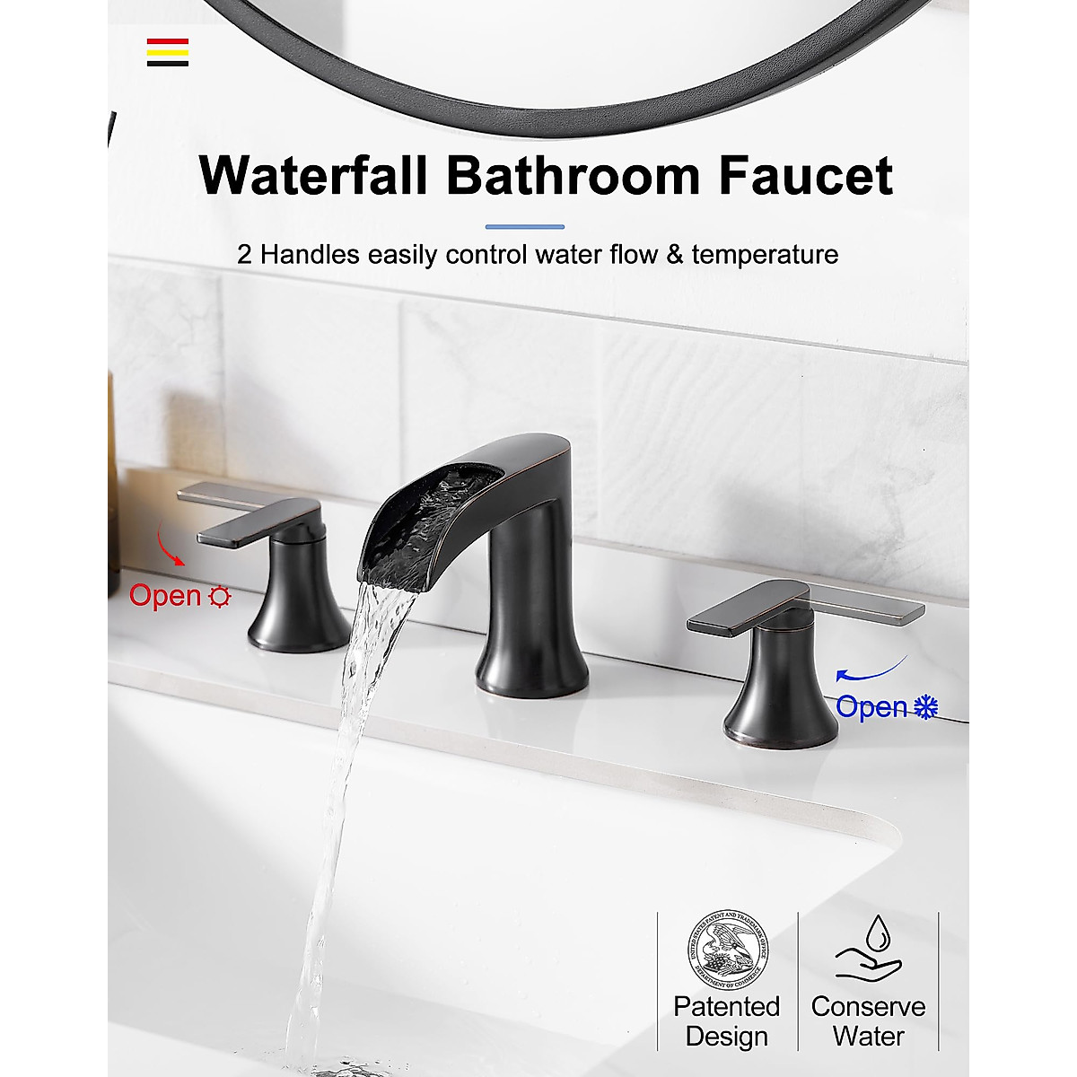 HOIGY Waterfall Faucet Brass Bathroom Sink Faucet 3 Hole, Oil Rubbed Bronze Faucet for Bathroom Sink 2 Handle, Widespread 8 Inch Vanity Faucet Farmhouse Bathroom Faucets with Pop Up Drain Water Hose
