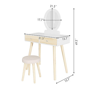 JAXPETY Classic 2-Drawers Girls Vanity Table Set with Mirror and Cushioned Stool, French Countryside Style Dsign Makeup Dressing Table Bedroom Organizer for Girls Women, White